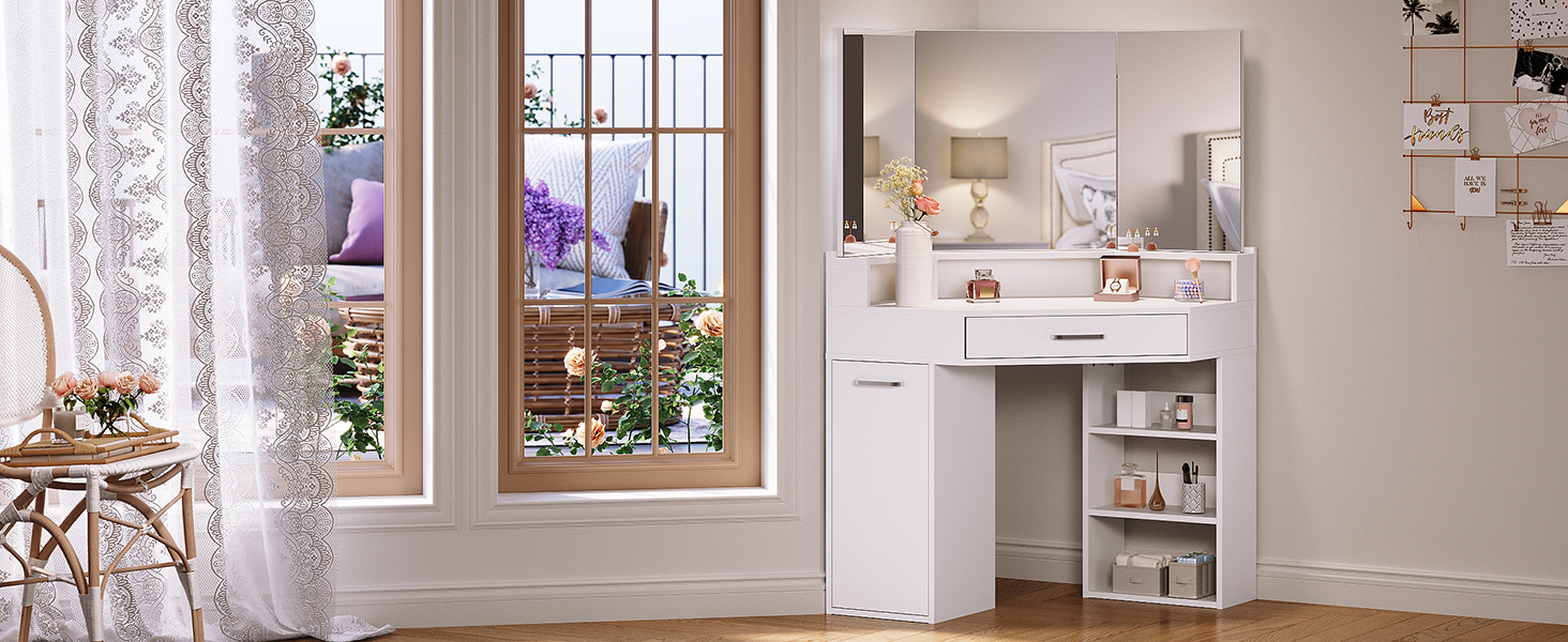 ELEGANT Corner Dressing Table with 3 Large Movable Triple Mirror, 3 ...
